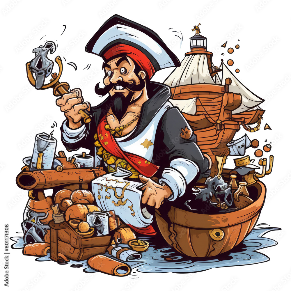 A comical pirate-themed design with a cartoonish pirate character ...