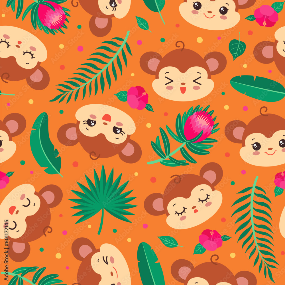 Cute monkey seamless pattern. Kawaii monkey face chibi style. Cartoon ...