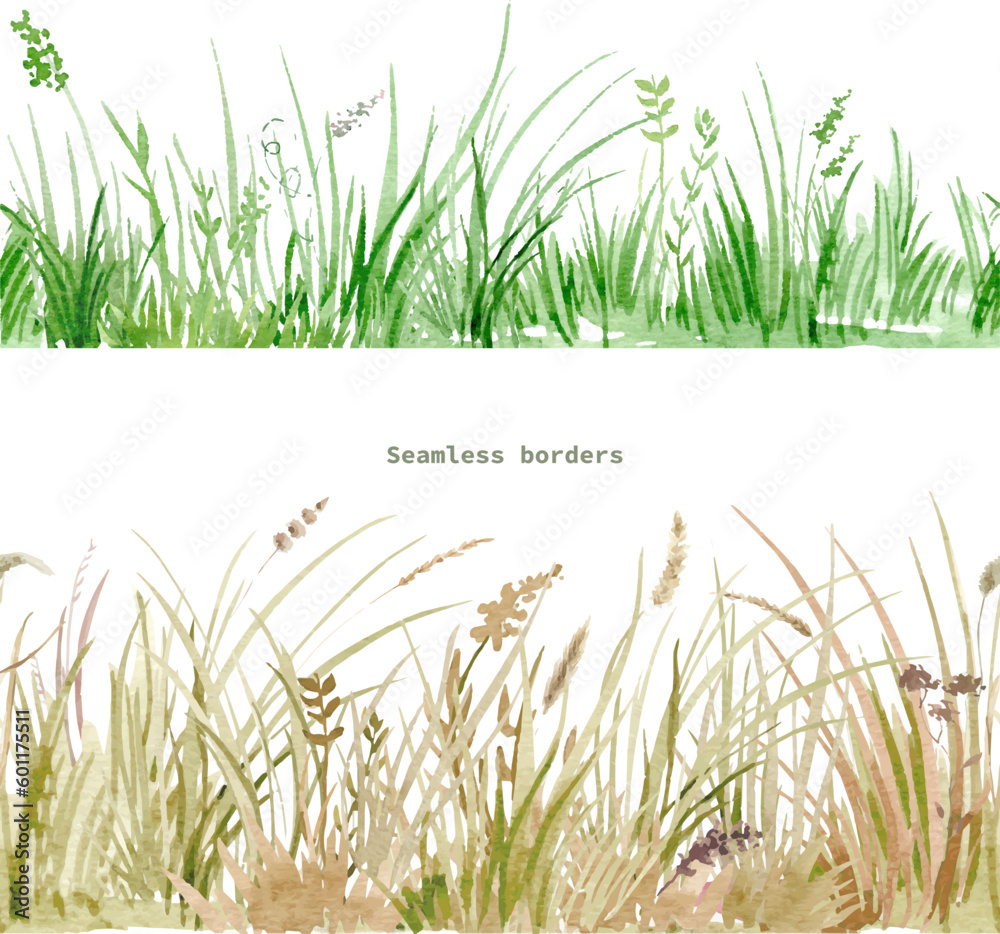 Vector watercolor of green seamless grass, grass border, hand drawn ...