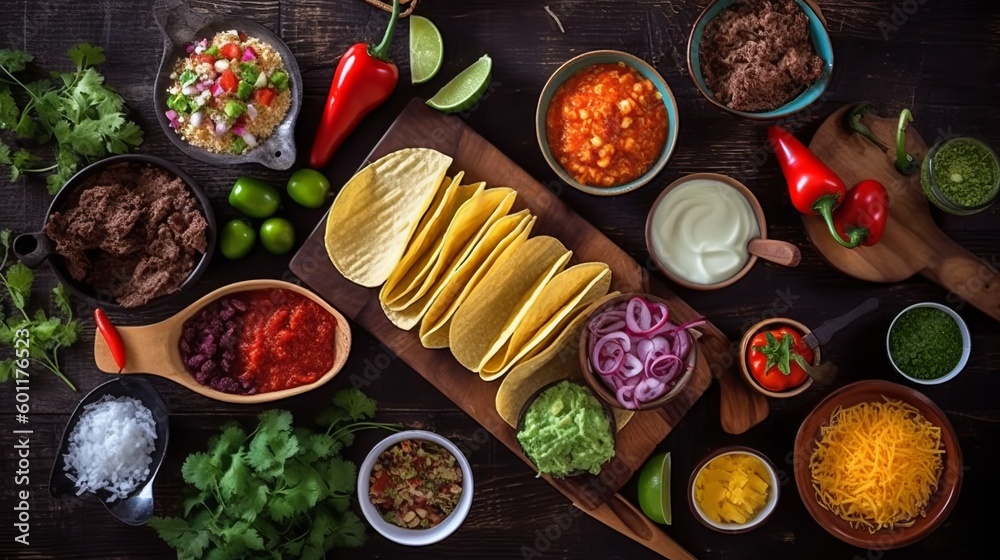Taco bar table scene with a selection of ingredients. Above view on a ...