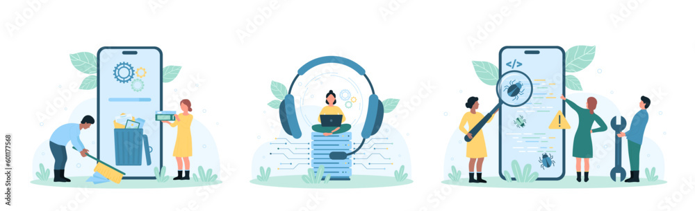Data management set vector illustration. Cartoon tiny people holding ...