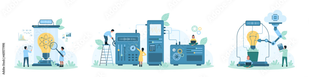 Science idea development set vector illustration. Cartoon tiny people ...