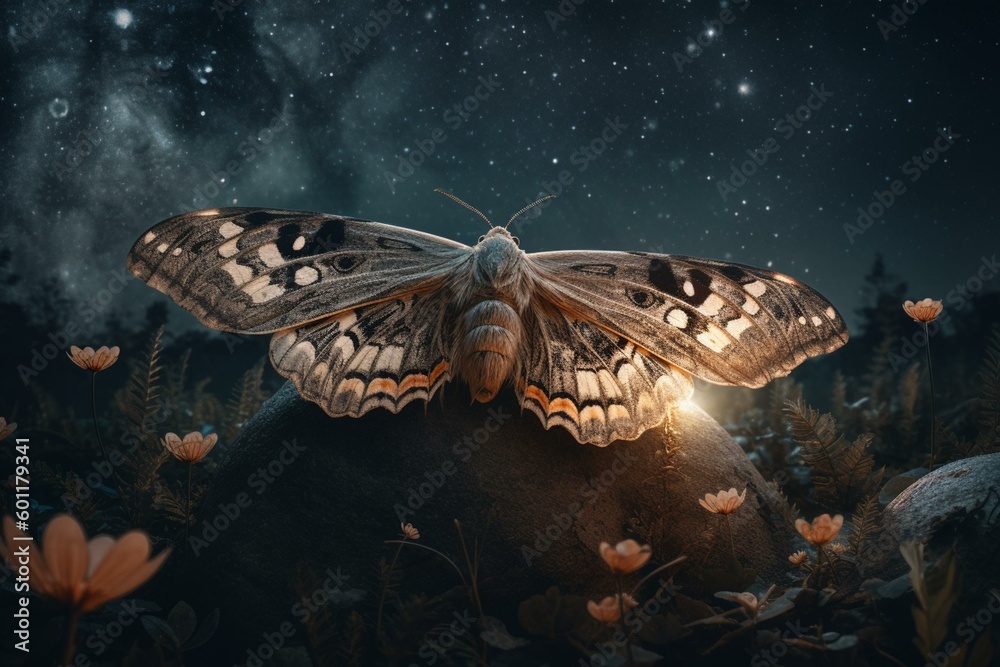 Silhouette of celestial moth amidst mystical fungus, stars and ...