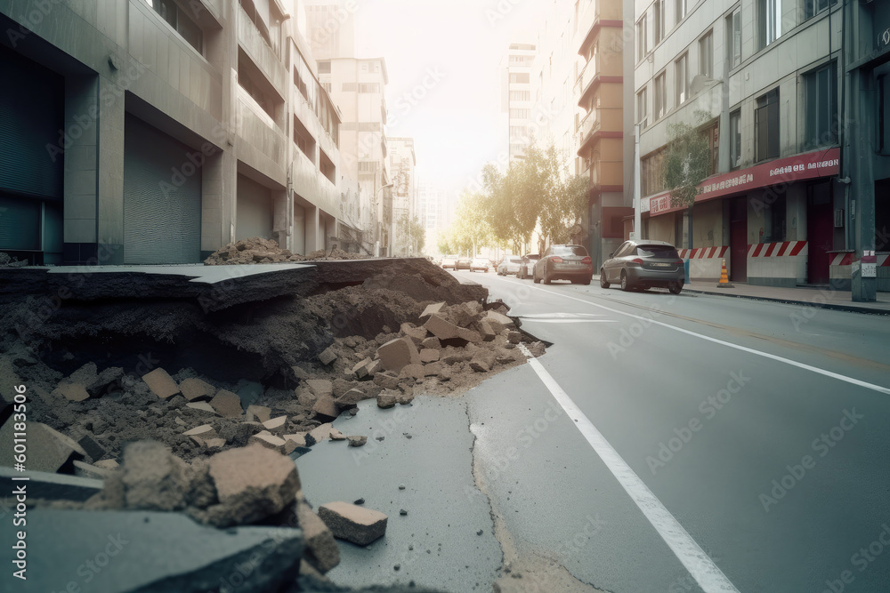 City street with destructed asphalt road after disaster. Damaged urban ...
