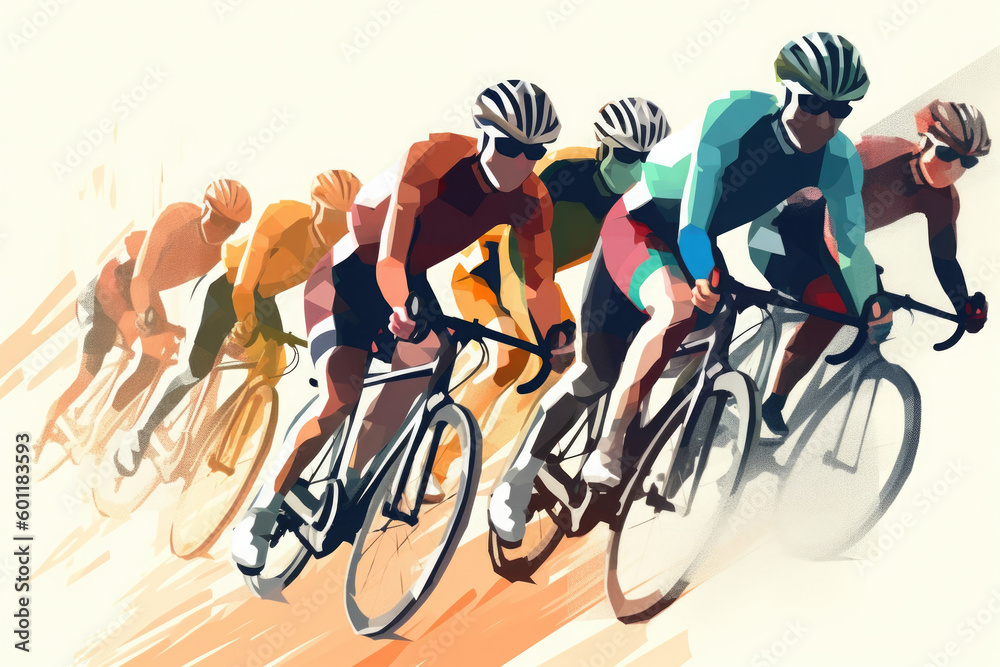 Cyclists team riding on bicycles, color drawing. Bike race banner ...