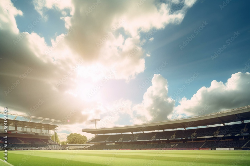 Sky cricket ground with moving clouds and lens flare, depicted in 3D ...