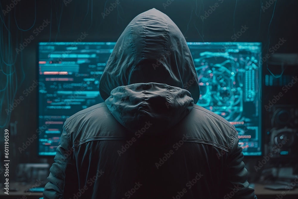 hacker front of his computer committing digital cybercrime, back view ...