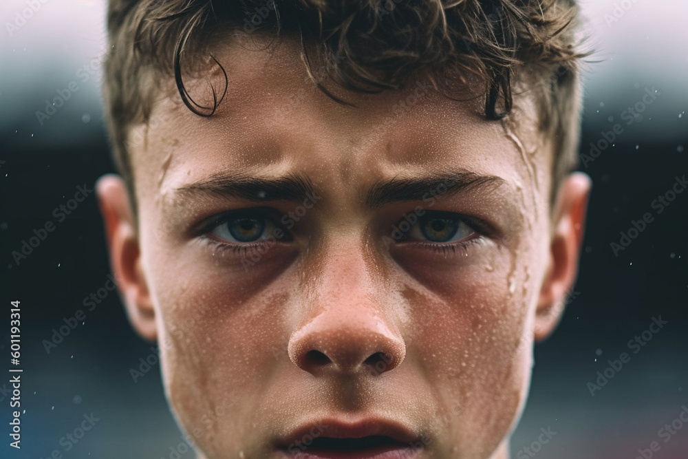 extreme temperatures, young teenager child boy sweating very hard, wet ...