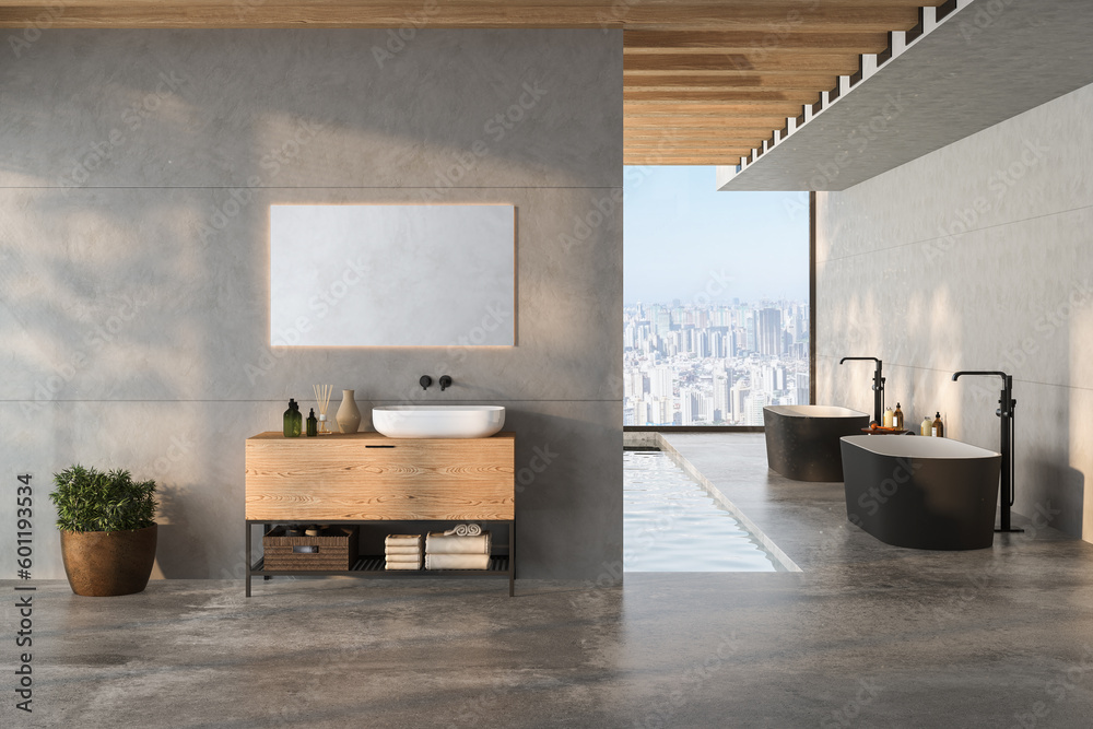 A minimalist bathroom with a sleek bathroom vanity, black and white ...