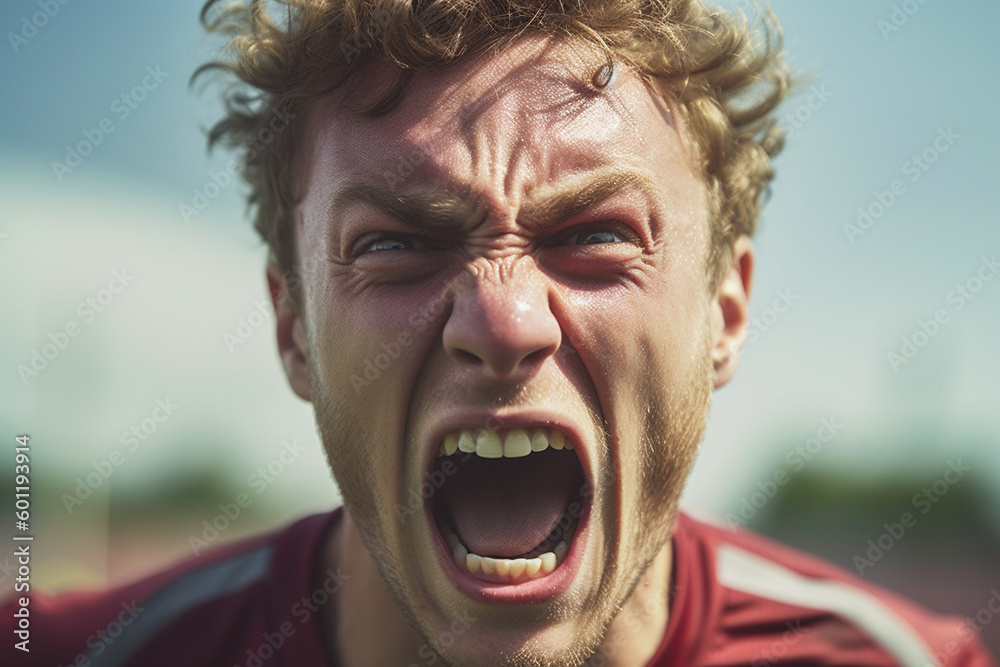 angry young teeager or young adult man, in soccer stadium on soccer ...
