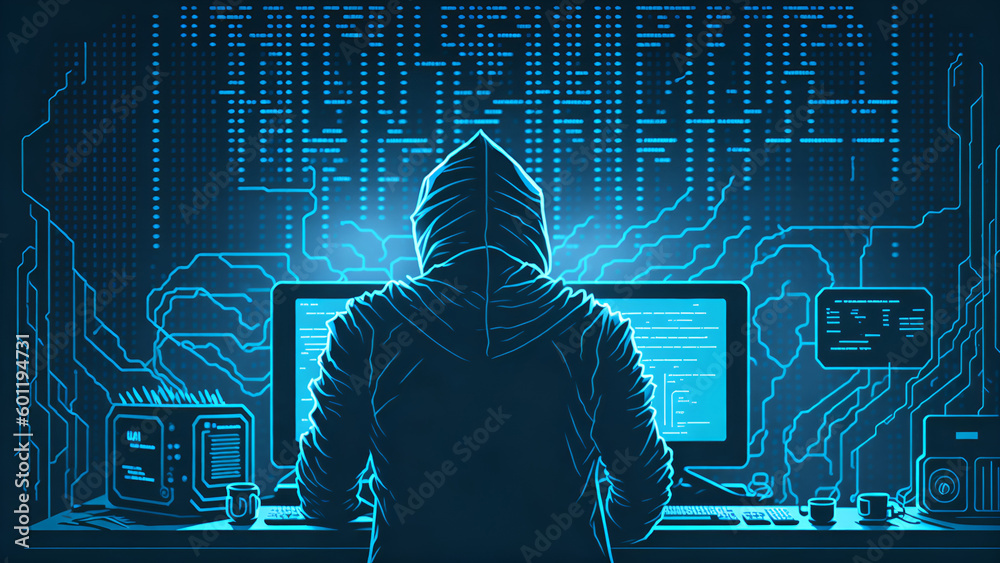 Digital crime by an anonymous hacker in front of his computer ...