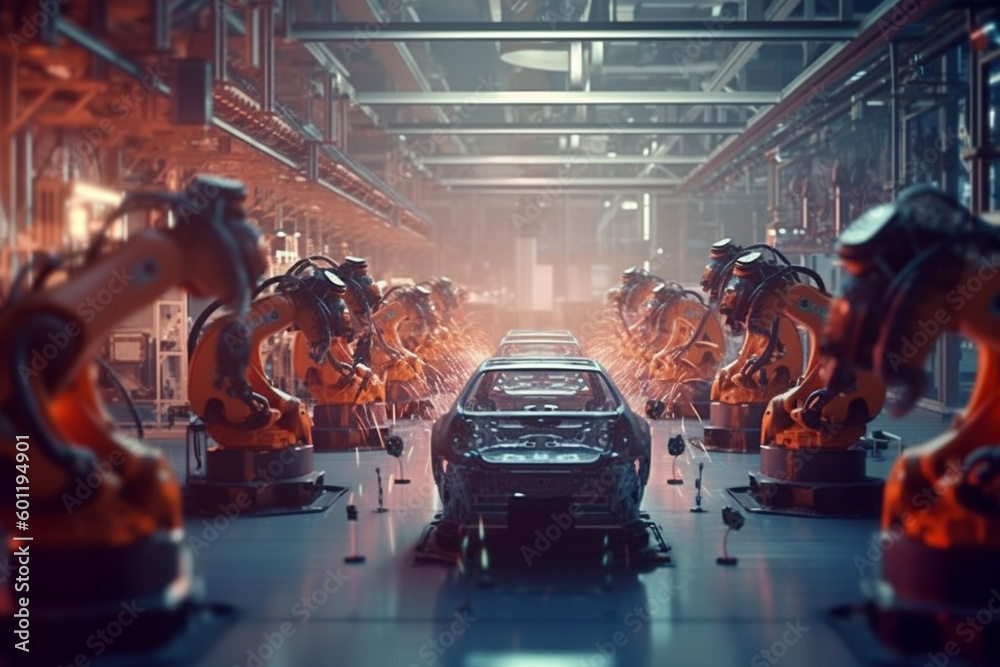 autonomous robot factory produces vehicles cars bodies in a big hall on ...