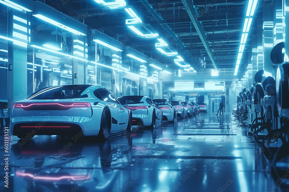 autonomous robot factory produces vehicles cars bodies in a big hall on ...
