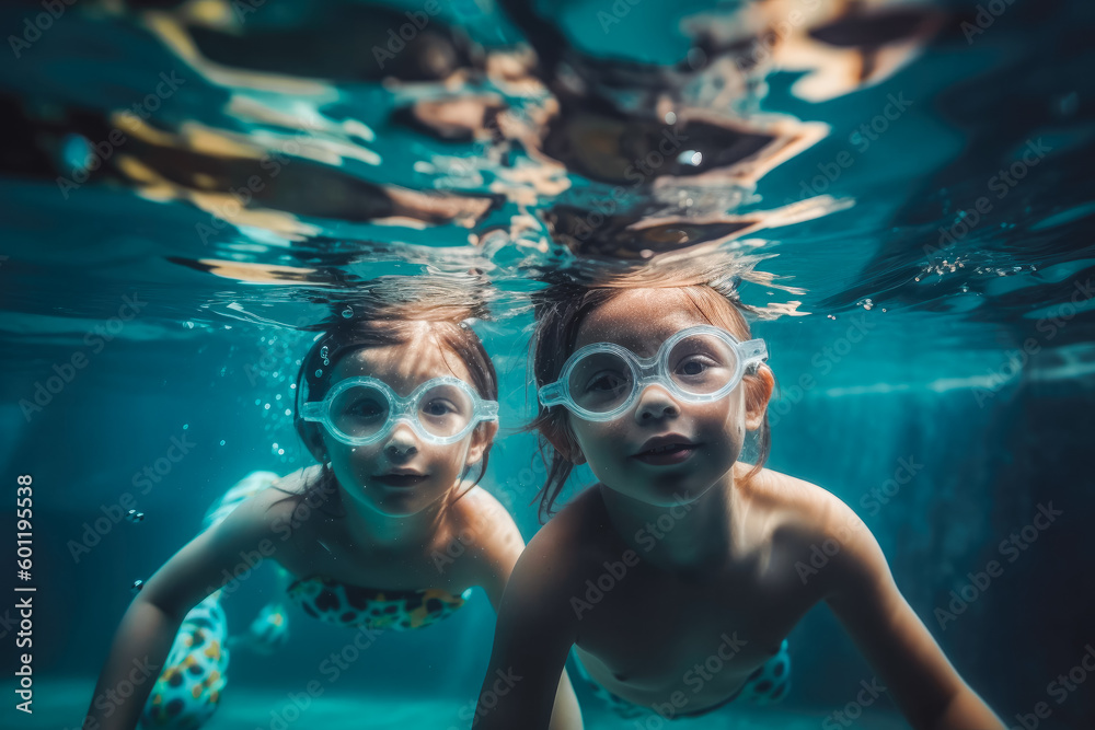 Little kids swimming in pool underwater. Children learning to swim ...
