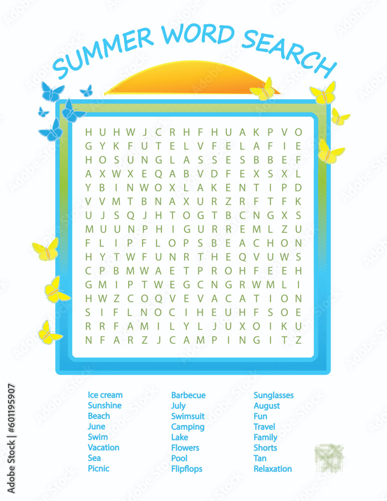 Summer Word Search Puzzle with Answer Key, Butterflies and Sunset ...