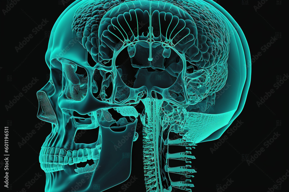 Radiography or X ray of head scan of a human skull with brain. Ai ...