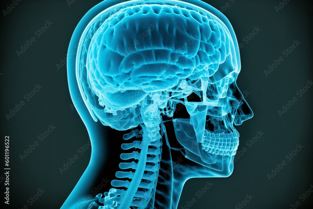 Radiography or X ray of head scan of a human skull with brain. Ai ...