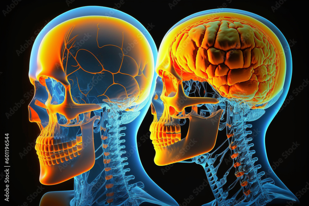 Radiography or X ray of head scan of a human skull with brain. Ai ...