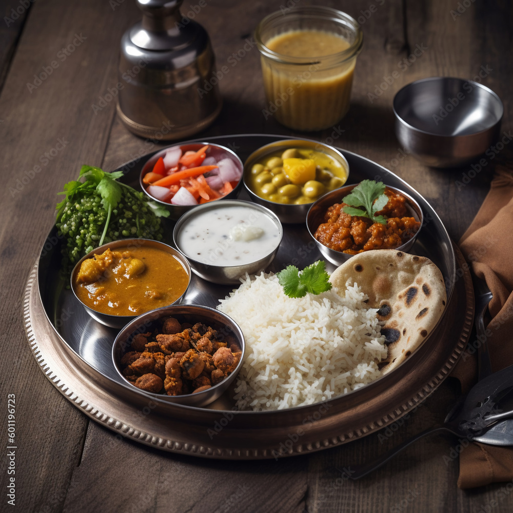 Indian thali. Basmati jasmine rice, curry, chapati, dal, masala chai ...