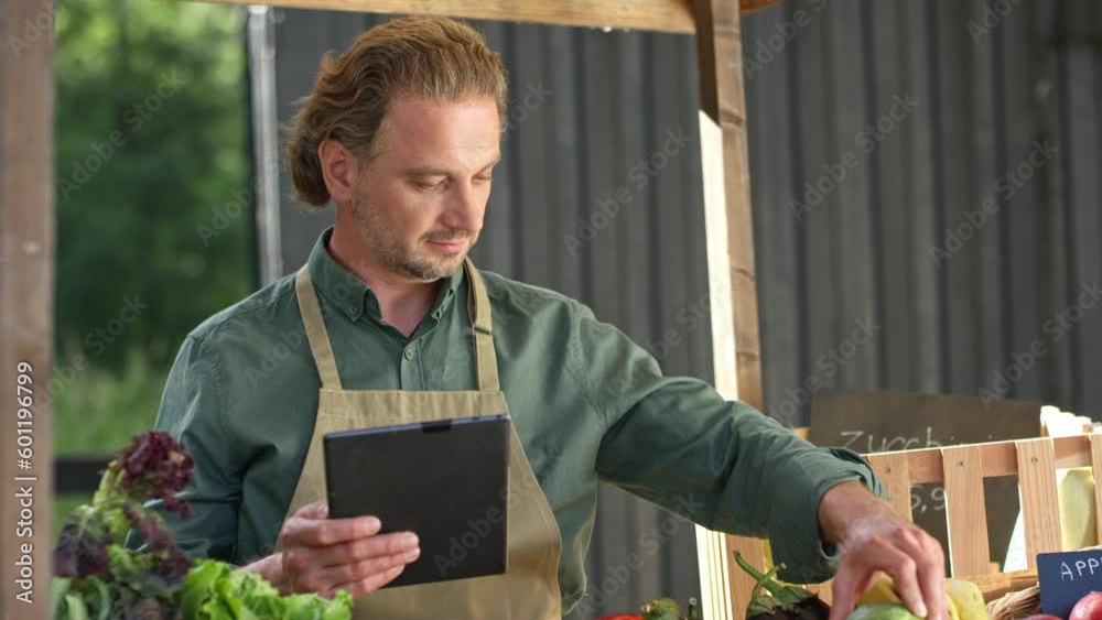 Hardworking Caucasian salesman using tablet computer while working at ...
