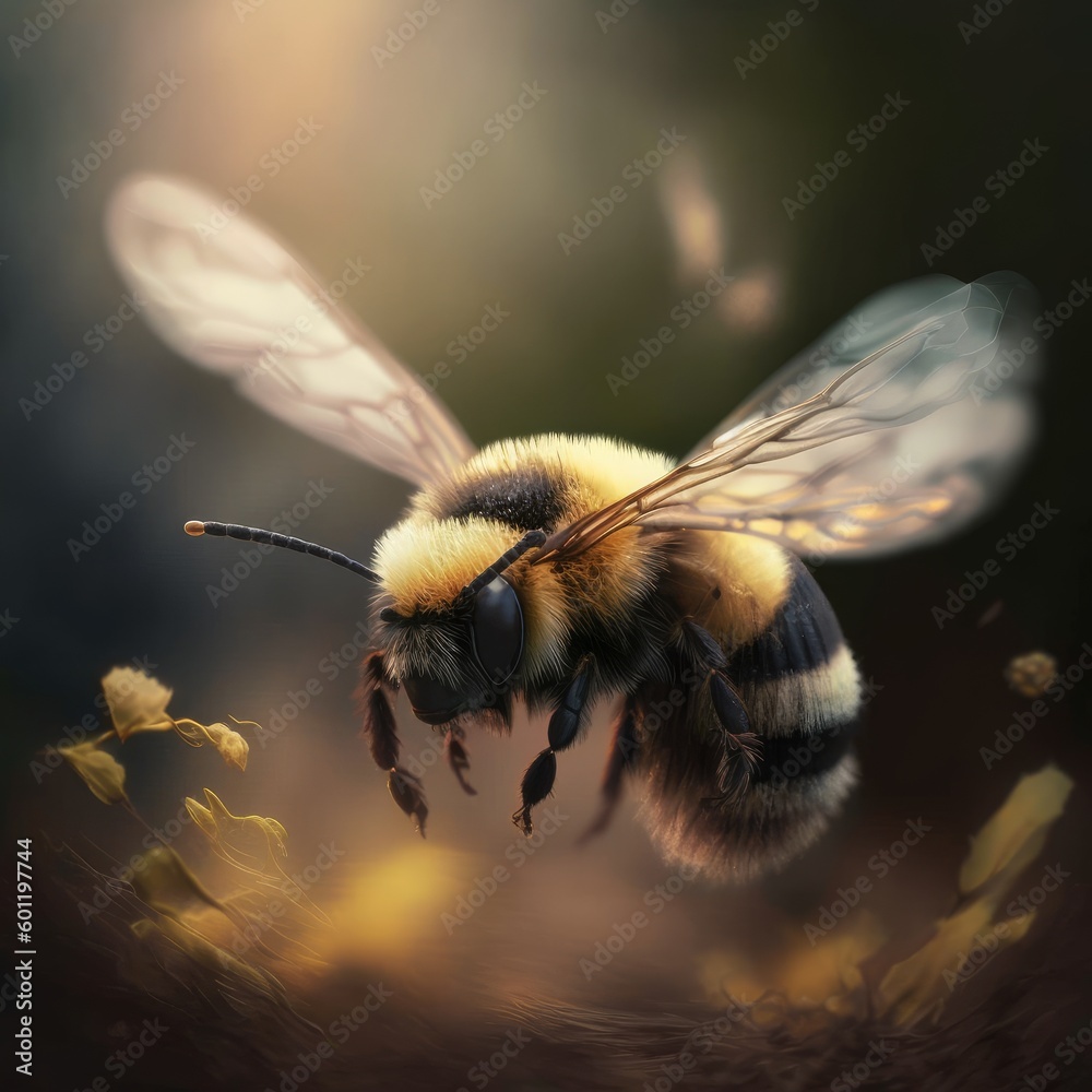 Queen bumblebee with its wings spread hovering over a field, shallow ...