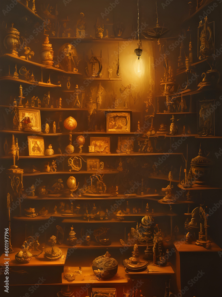 shelves cluttered with mysterious antique objects jars and pictures ...