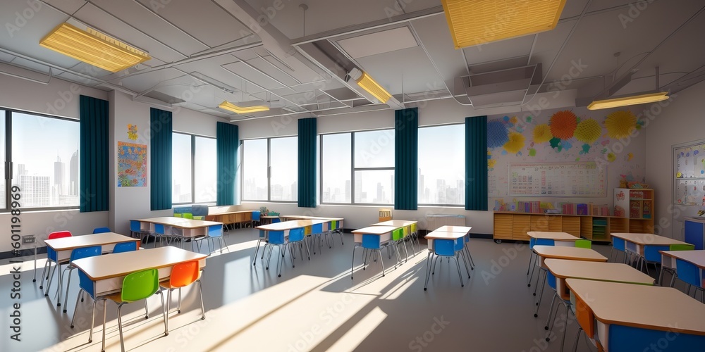 cartoon illustration of empty kindergarten classroom with furniture and ...