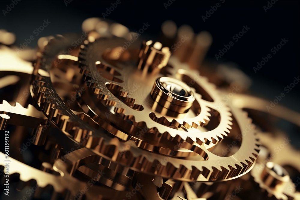 3D illustration of process improvement. Gold metal gear mechanism for ...