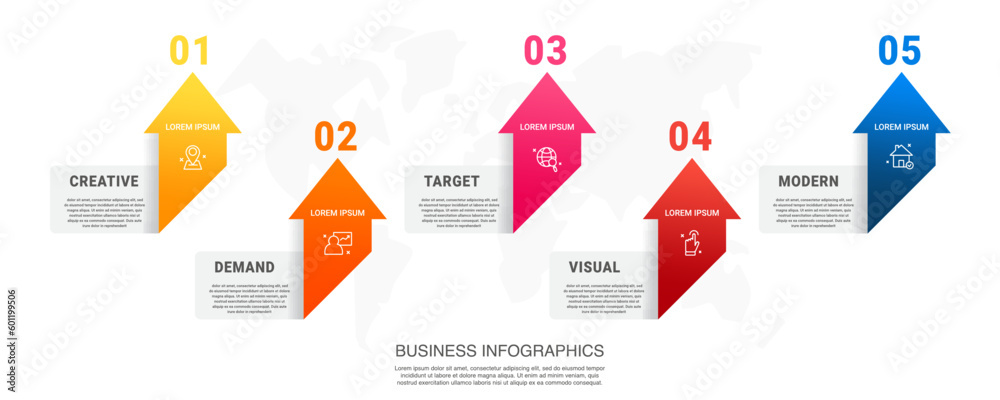 Vector modern infographics with 5 arrows and icons. Concept graphic ...