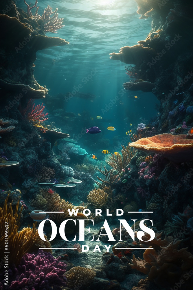 World oceans day illustration, underwater coral reef design Stock ...