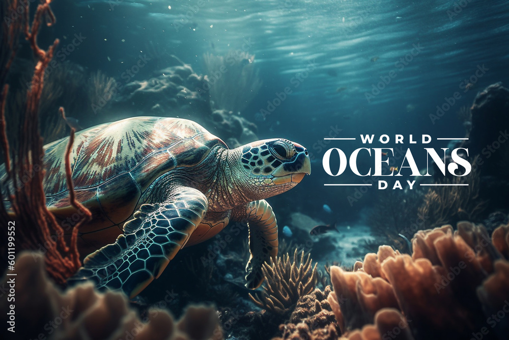 World oceans day illustration, underwater turtle sea creature design ...