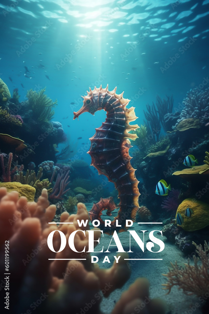 World oceans day illustration, underwater seahorse sea creature design ...