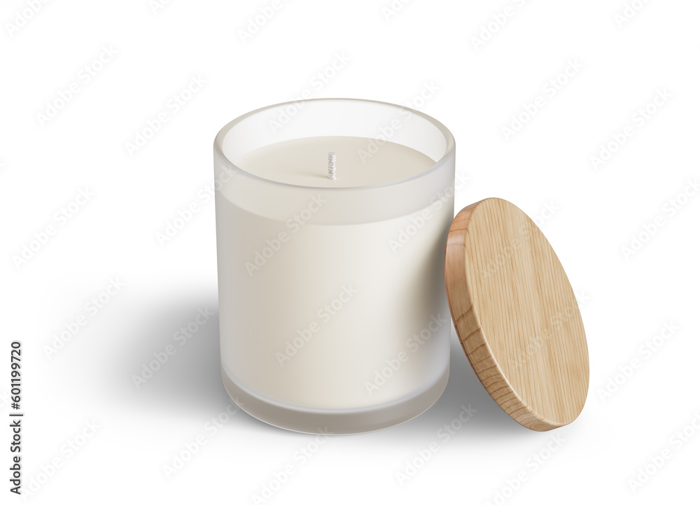 Minimalist candle mockup, frosted glass candle jar with wooden lid open design-ready 3D render ...