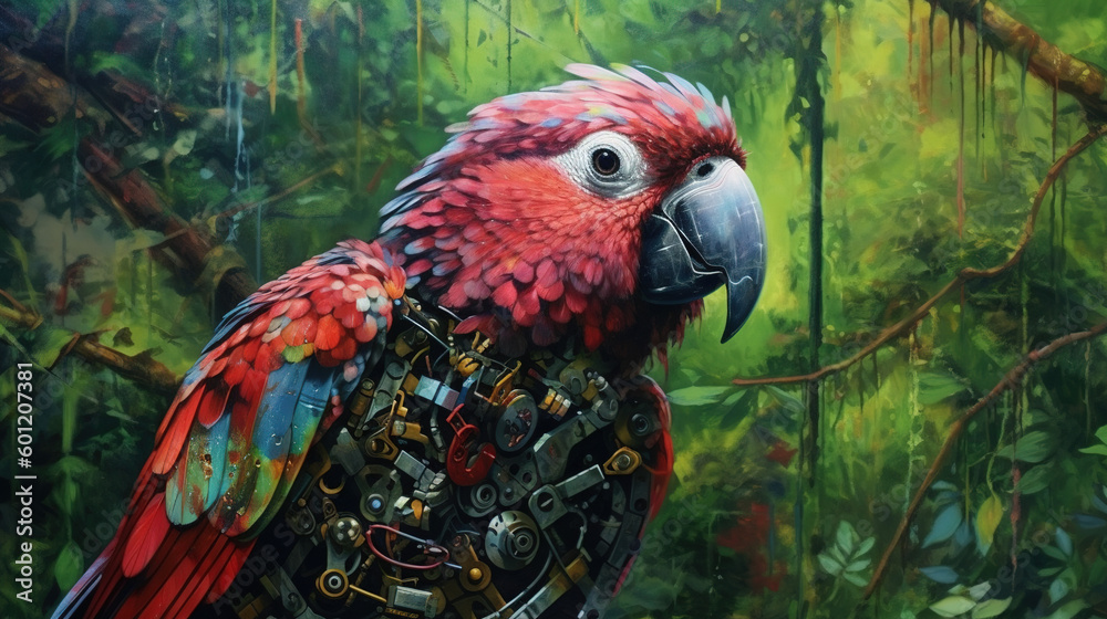 Abstract parrot in a branch, cyberpunk, oil painting, cyborg, made form ...