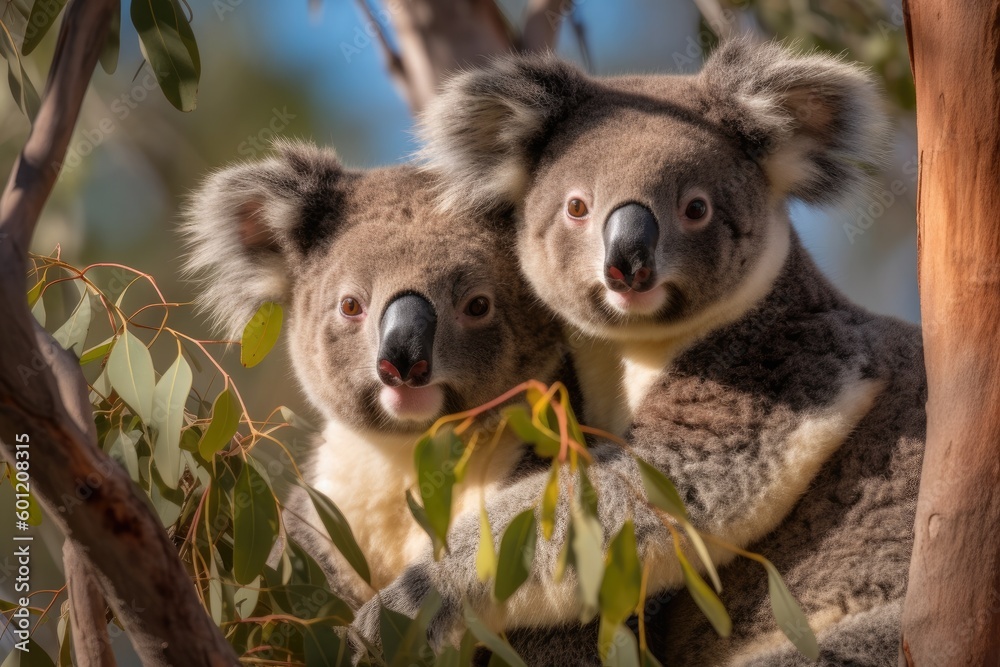 two koalas cuddling in a eucalyptus tree Generative AI Stock ...