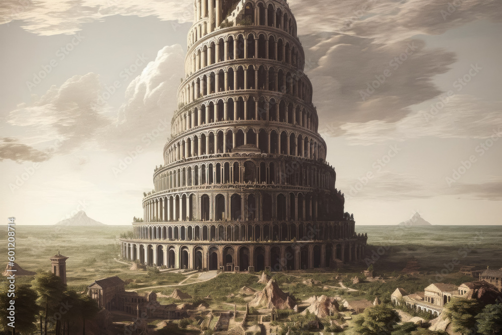 Ancient city of Babylon with the tower of Babel, bible and religion. AI ...