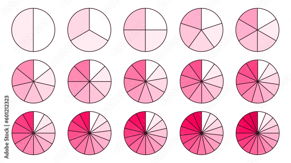 Circle segments collection. Shades of red pink color pie diagrams set ...