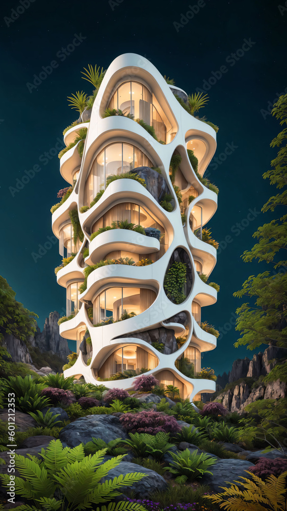 Landscape of a sci-fi futuristic architecture style vertical village ...