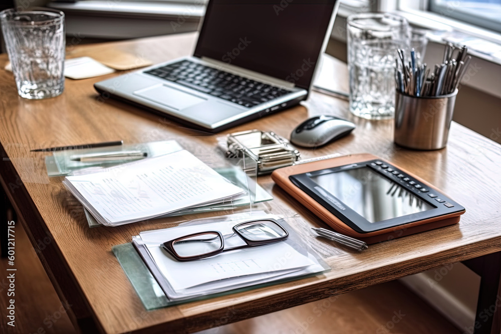 Table with papers with chart and investment graphs, pens, calculators ...