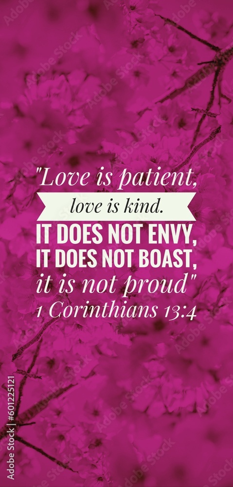 Bible verse about love (1 Corinthians 13 verse 4); Floral banner in ...