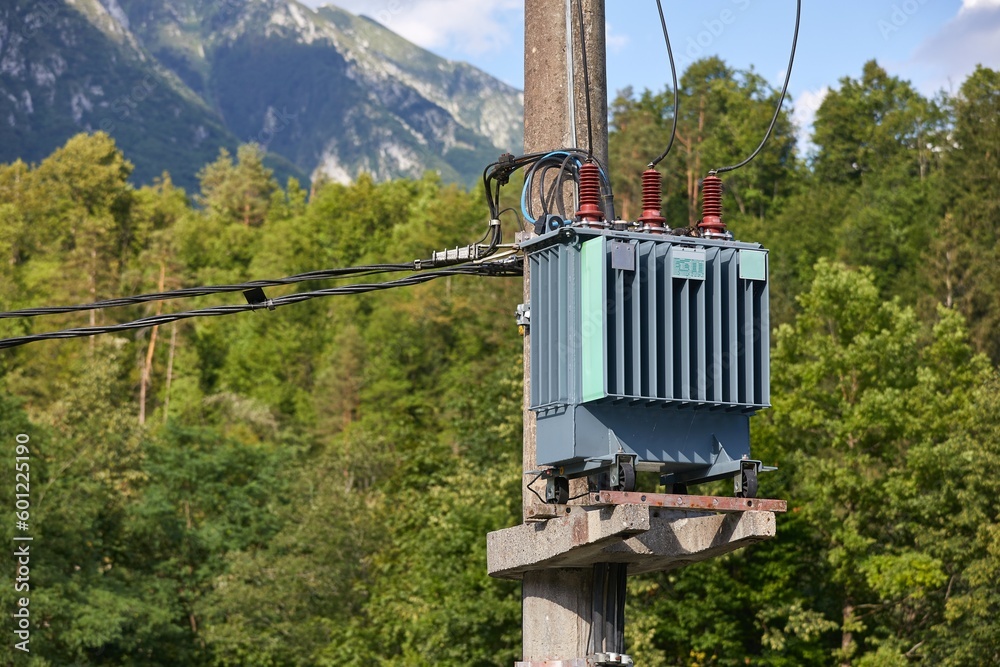 Electric line with transformer Stock Photo | Adobe Stock