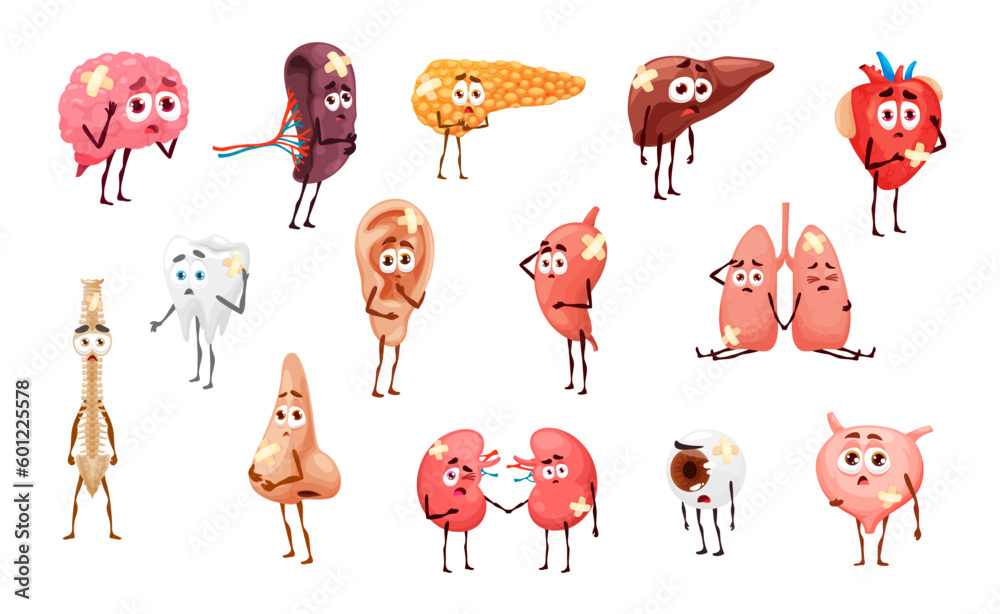 Sick body organ characters. Injured and unhealthy cartoon personages ...