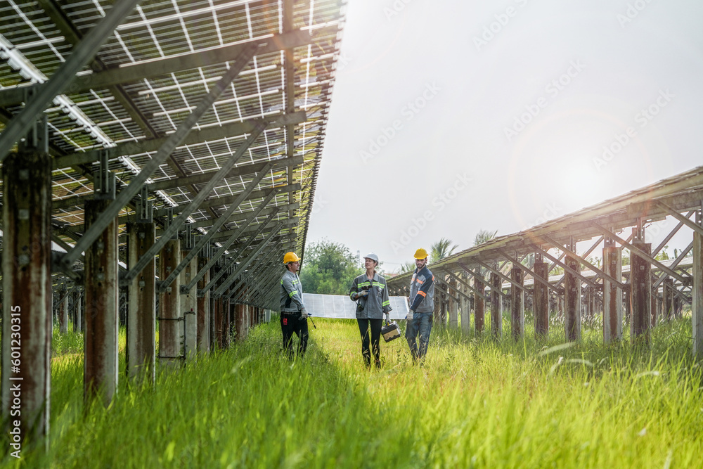engineers walking and inspecting construction of solar cell panel or ...