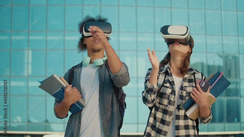 Students Wearing VR Headsets on Background of University. Virtual ...