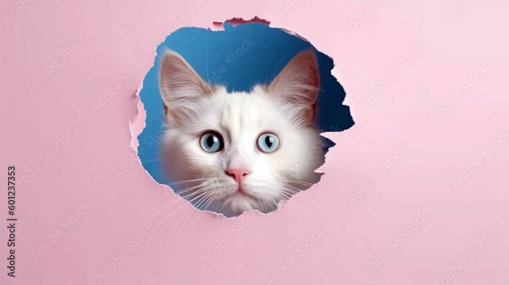 cat through ripped paper. Funny cat looks through ripped hole in pink ...