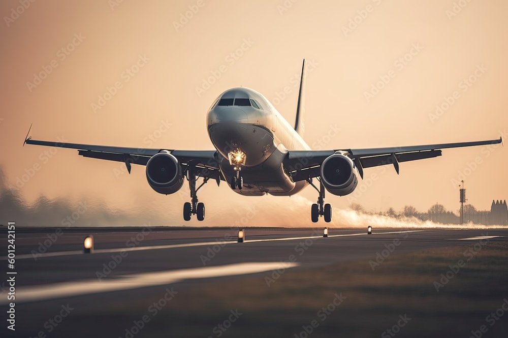 plane taking off from airport runways for traveling and transport ...