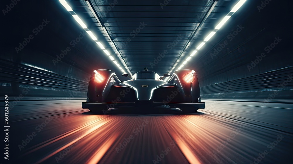 ภาพประกอบสต็อก Futuristic Sports Car On Highway. Powerful acceleration ...