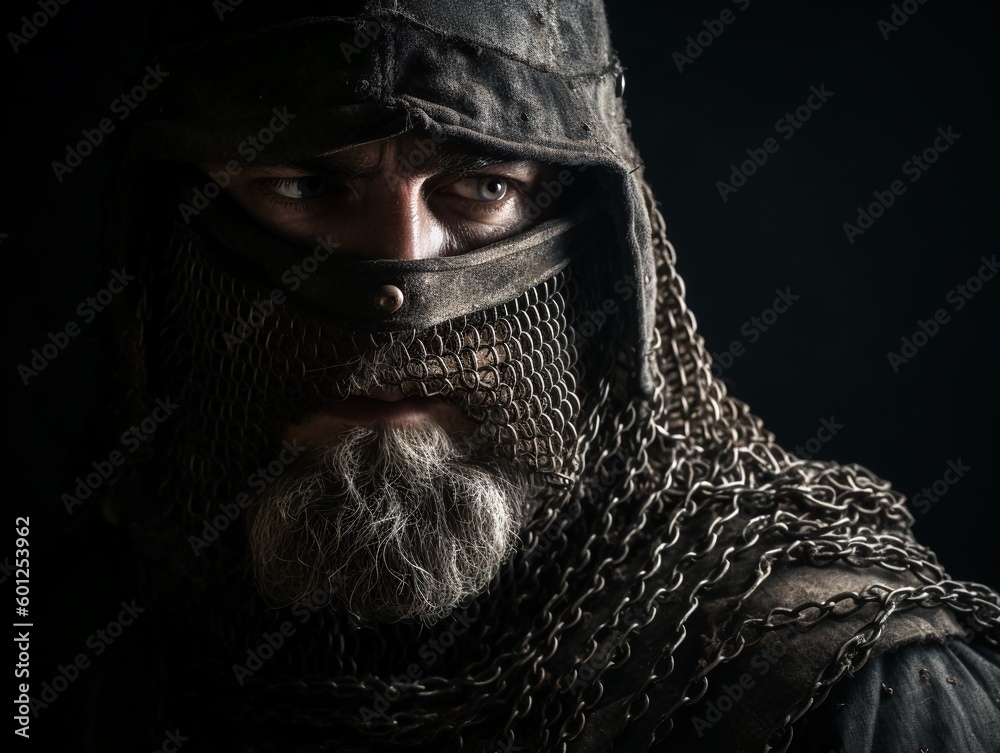 Medieval dark knight in armor and hood isolated on black backgrounds ...