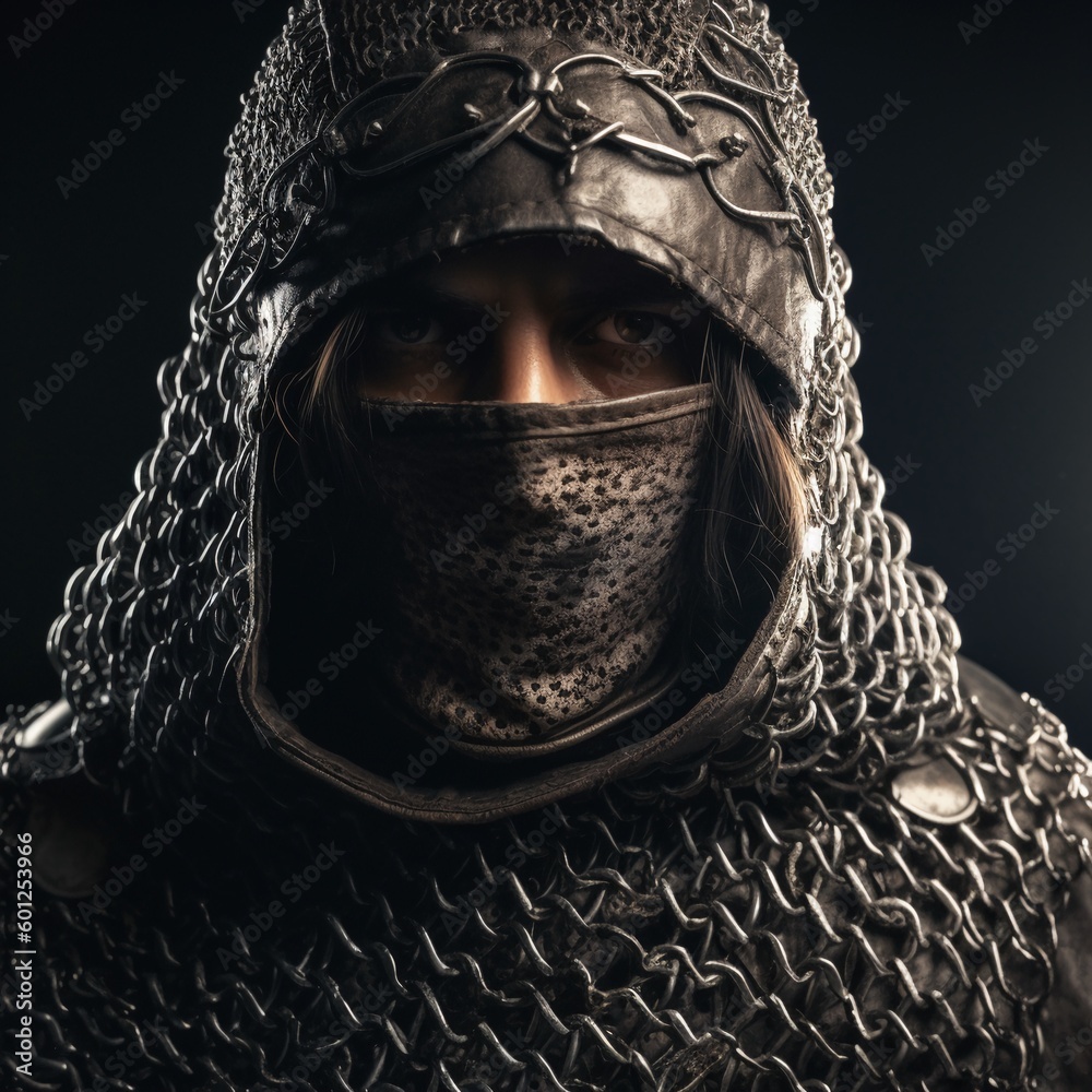 Medieval dark knight in armor and hood, front portrait isolated on ...