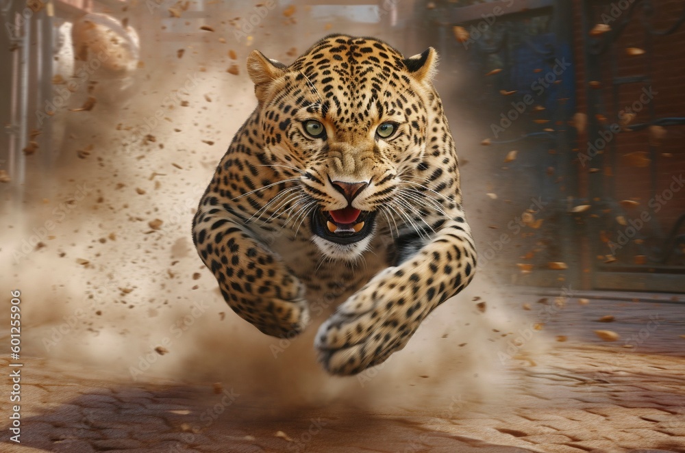 Leopardo corriendo hacia su presa a toda velocidad levantando arena ...